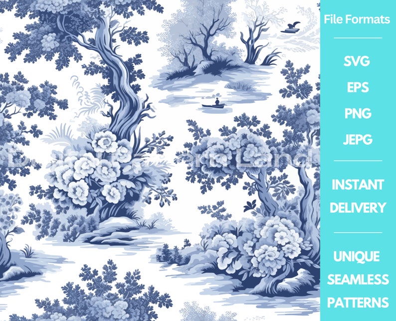 Blue Toile Design Series, Vintage Toile Tile Pattern Digital Print for ...