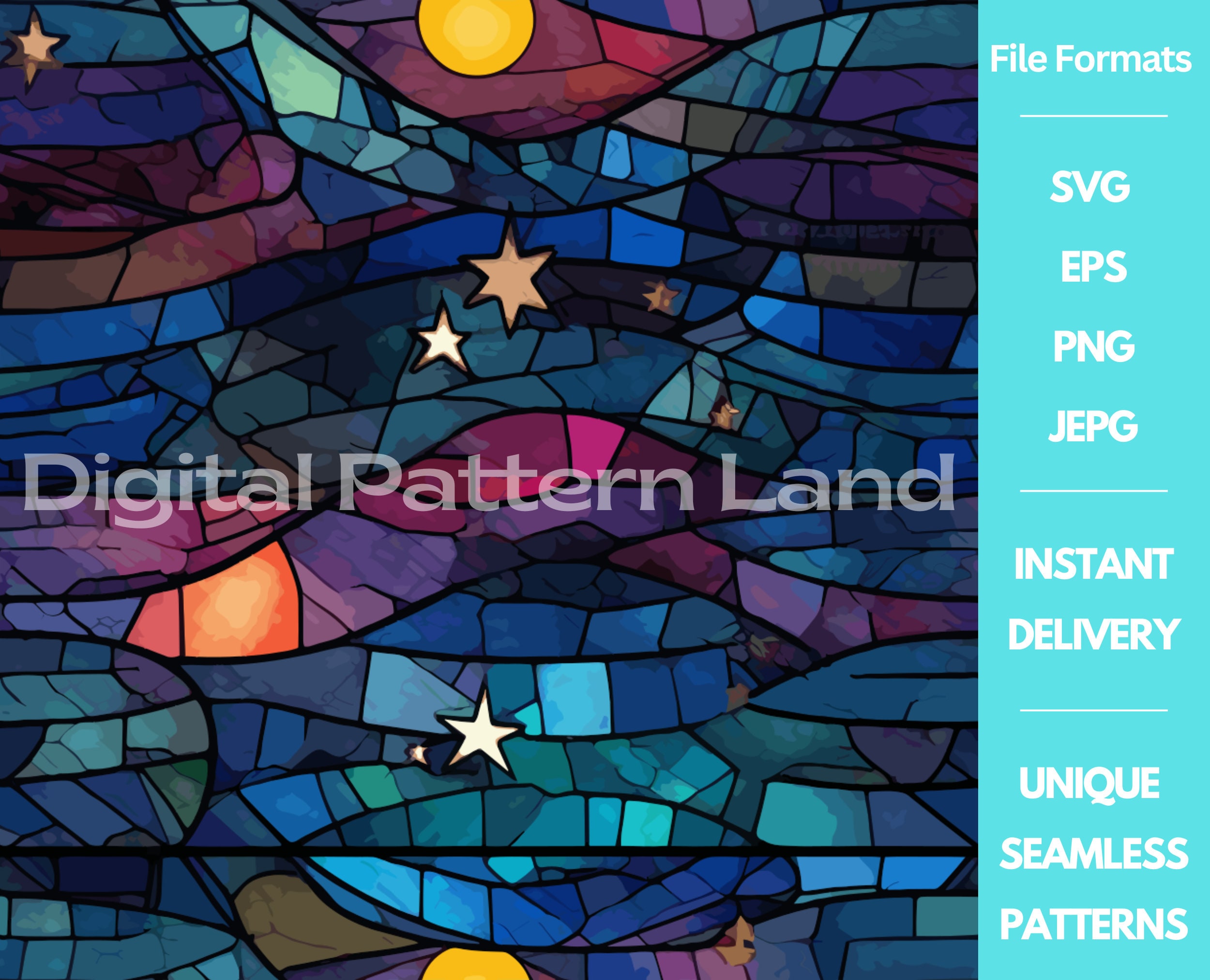 Colourful Stained Glass Night Sky, Stained Glass Sky Seamless Pattern ...