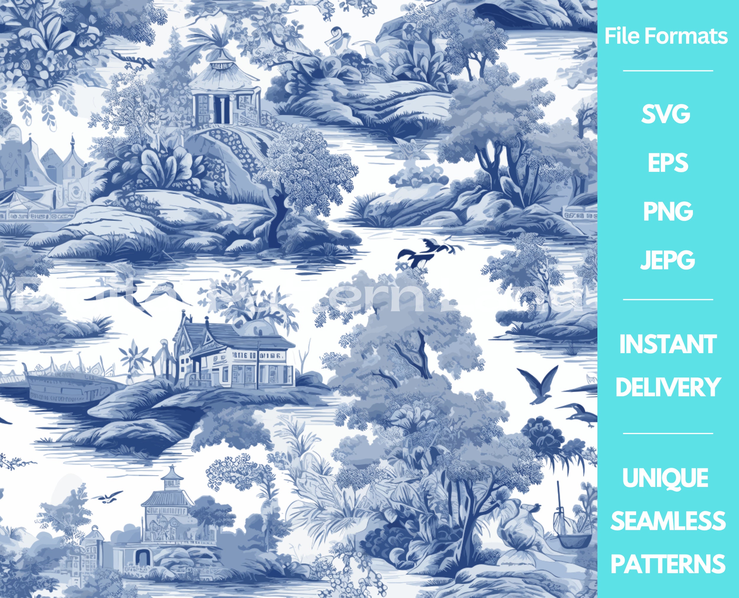 Blue Toile Design Series, Vintage Toile Tile Pattern Digital Print for ...