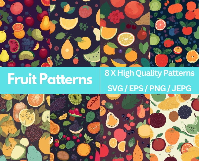 Fruit Patterns Bundle, Fruit Seamless Pattern, Colourful Fruity Design ...