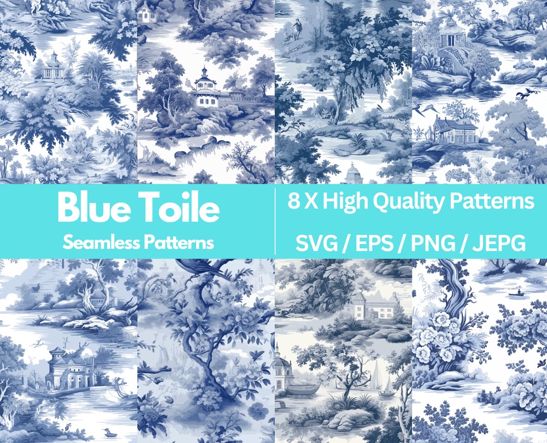 Blue Toile Design Series, Vintage Toile Tile Pattern Digital Print for ...