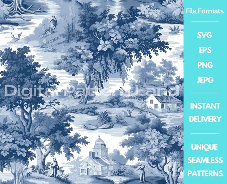 Blue Toile Design Series, Vintage Toile Tile Pattern Digital Print for ...
