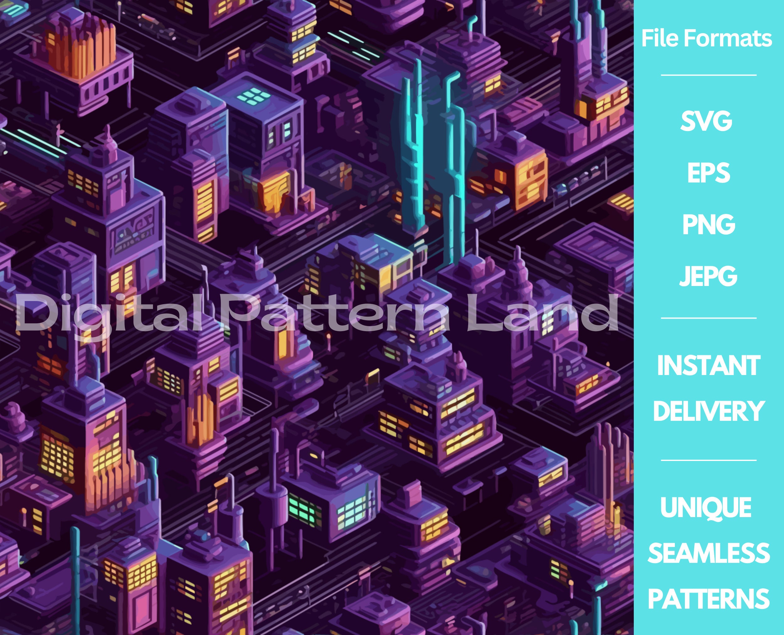 Isometric Night Sky City , Techno City Tile Pattern Digital Print for ...