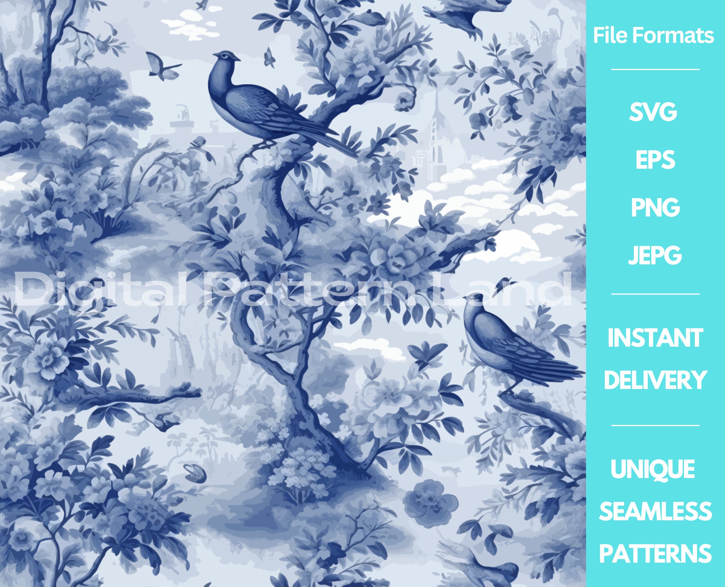 Blue Toile Design Series, Vintage Toile Tile Pattern Digital Print for ...