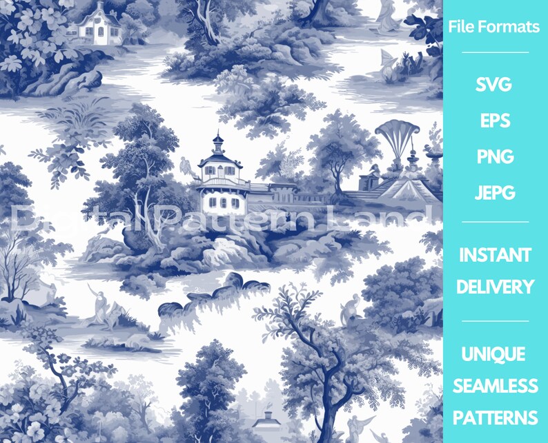 Blue Toile Design Series, Vintage Toile Tile Pattern Digital Print for ...