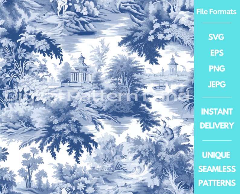 Blue Toile Design Series, Vintage Toile Tile Pattern Digital Print for ...