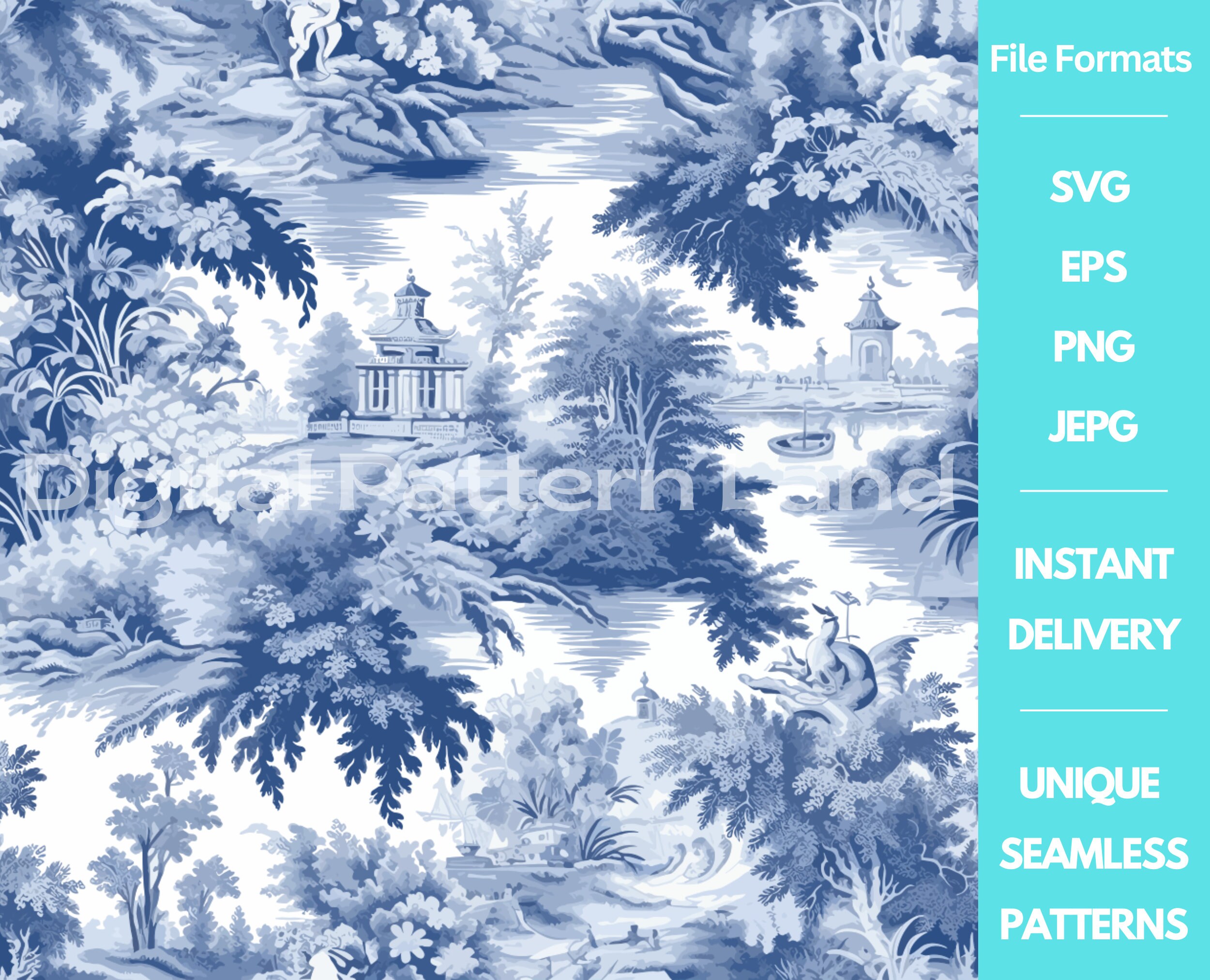 Blue Toile Design Series, Vintage Toile Tile Pattern Digital Print for ...