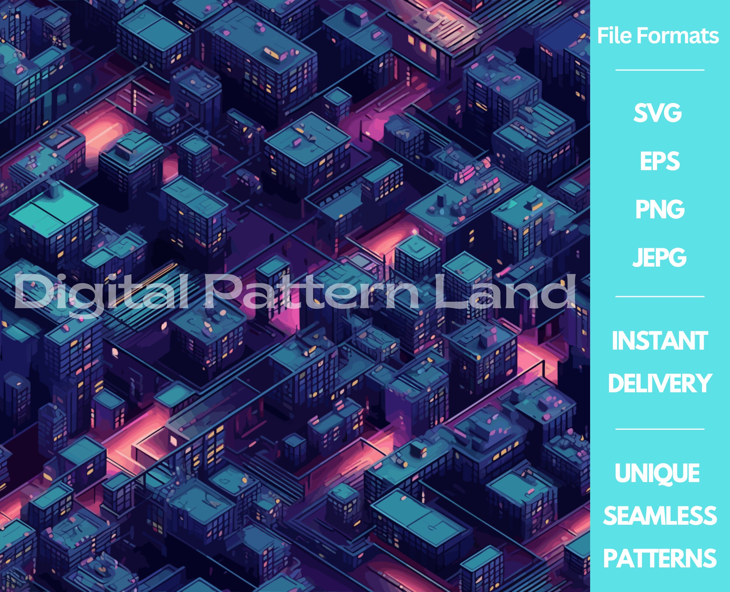 Isometric Night Sky City , Techno City Tile Pattern Digital Print for ...