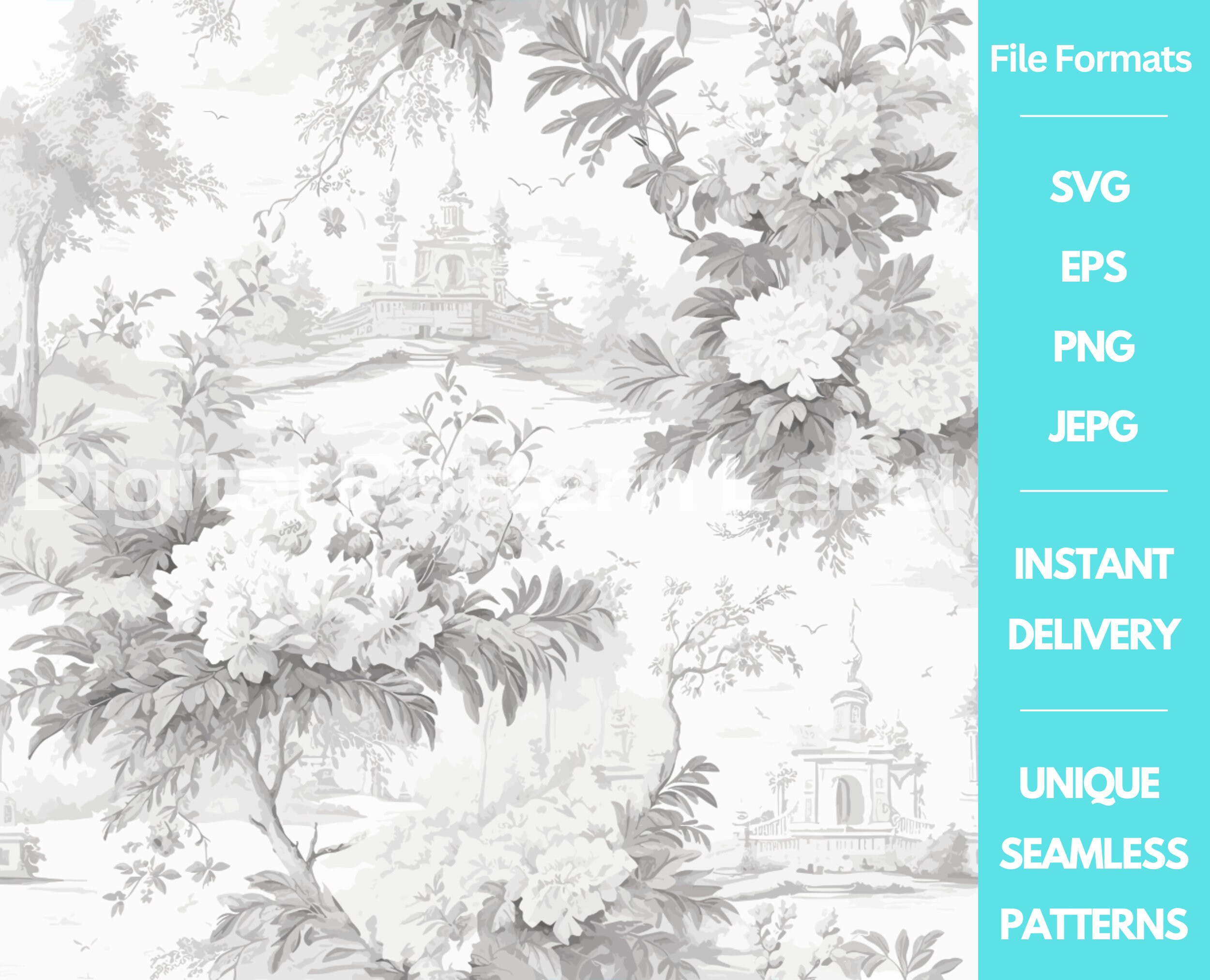 White Toile Design Series, Vintage Toile Tile Pattern Digital Print for ...