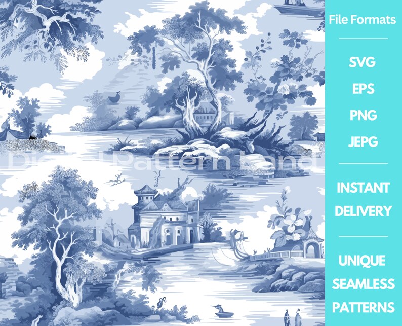 Blue Toile Design Series, Vintage Toile Tile Pattern Digital Print for ...