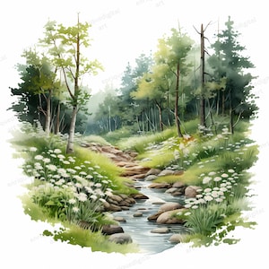 Watercolor Stream Clipart, Wildflowers Landscape, Nature Scene, Digital ...