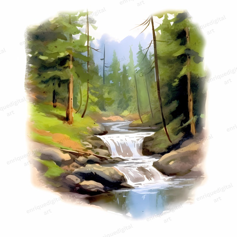Watercolor Stream in Forest Clipart, Landscape Scenes, PNG Format ...