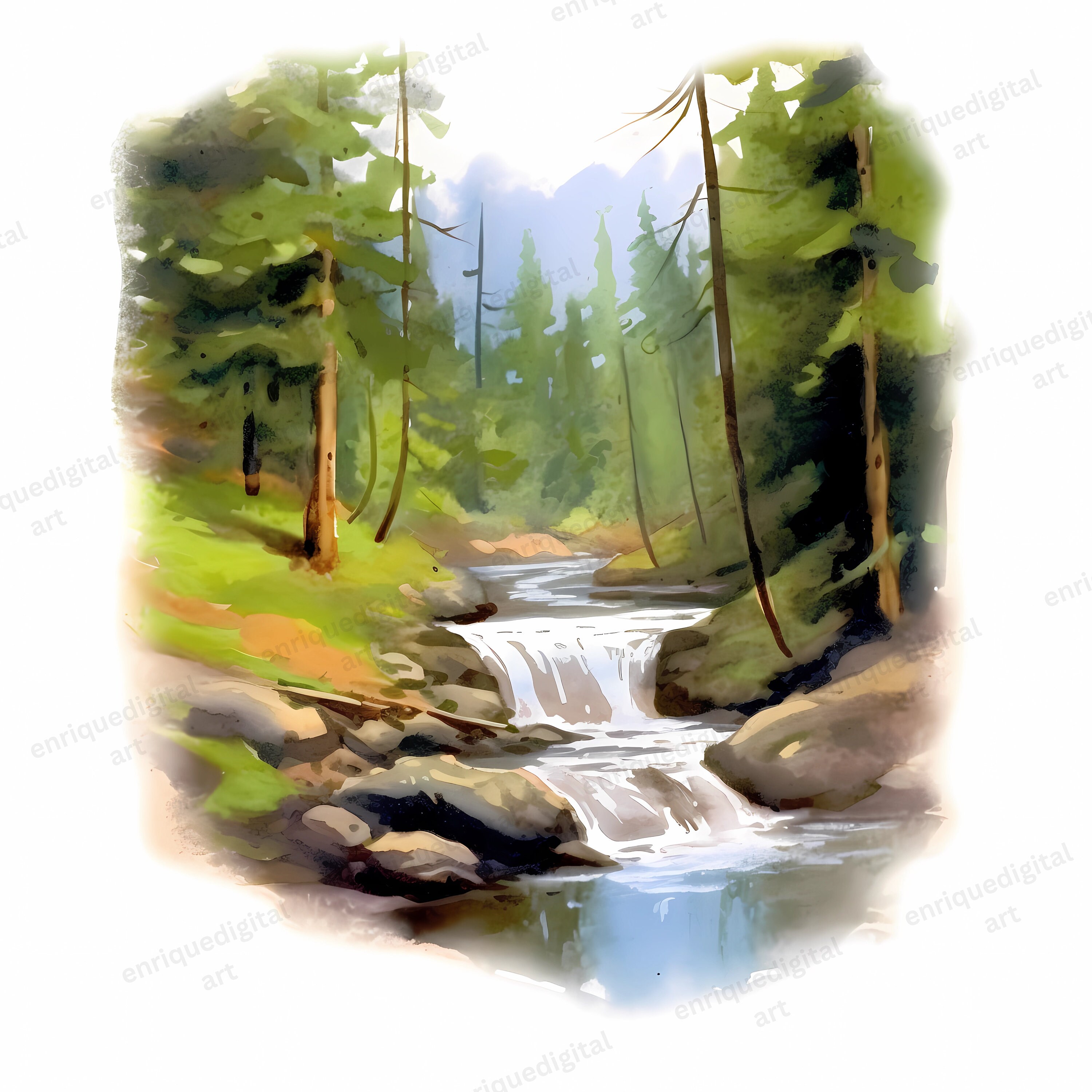 Watercolor Stream in Forest Clipart, Landscape Scenes, PNG Format ...