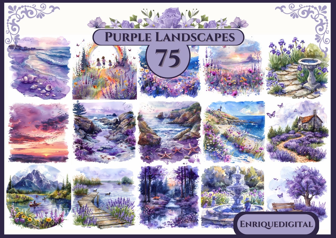 Watercolor Purple Landscapes Cliparts, Card Making Digital Images ...
