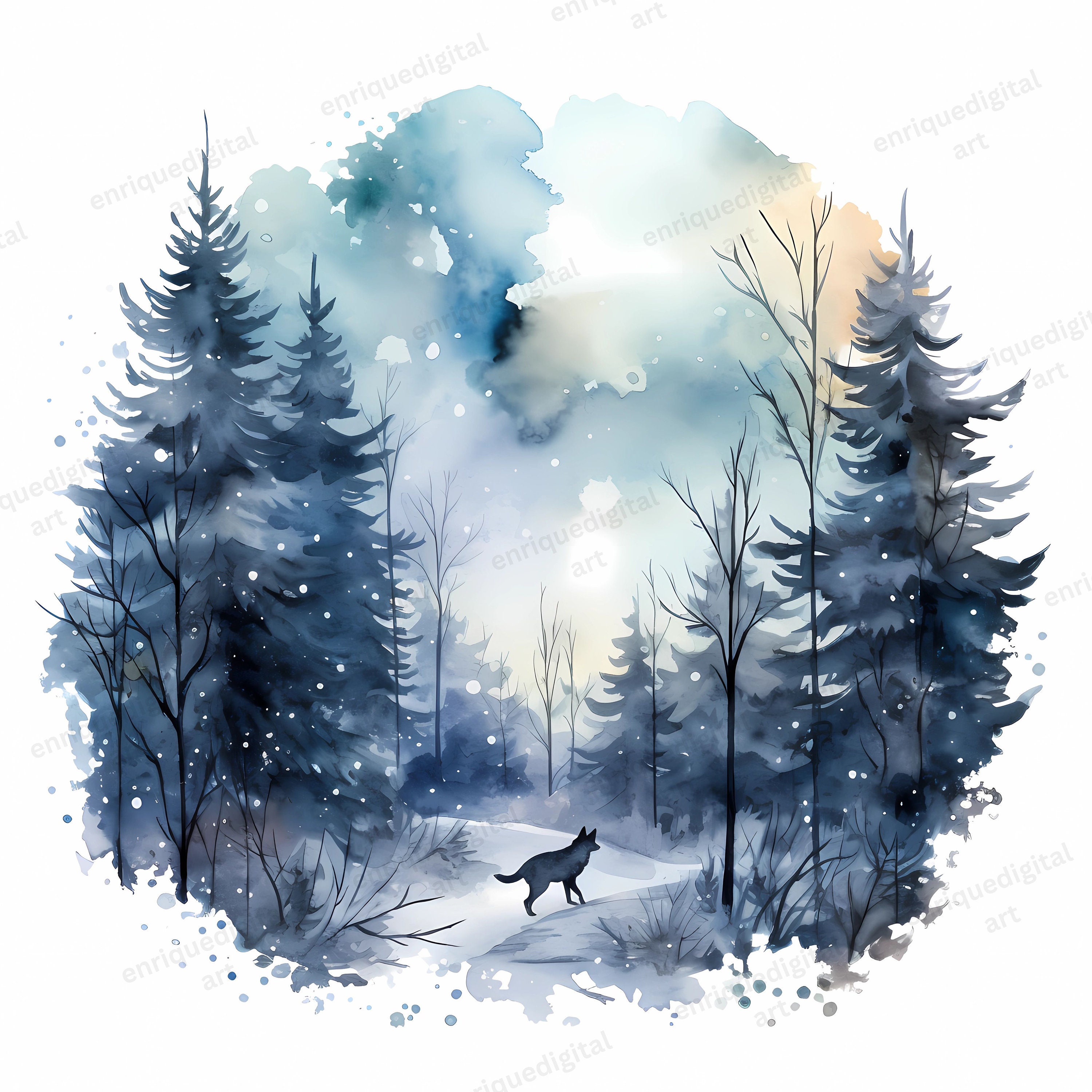 Watercolor Wolf Clipart, Forest Landscape, Nature Scene, Digital ...