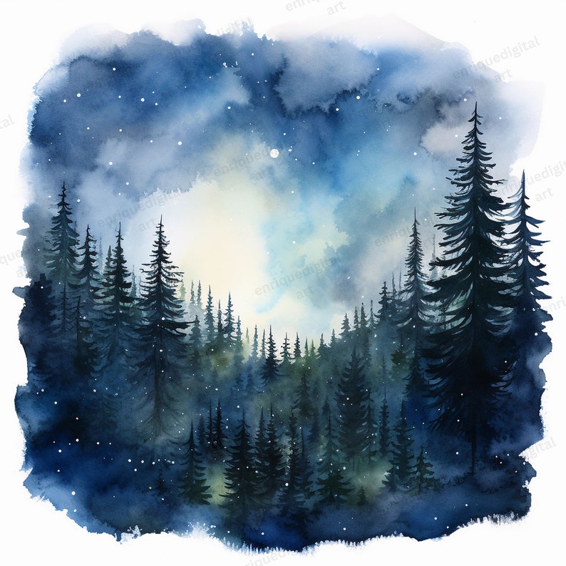 Watercolor Sapphire Forest Clipart, Forest Landscape , PNG Format ...