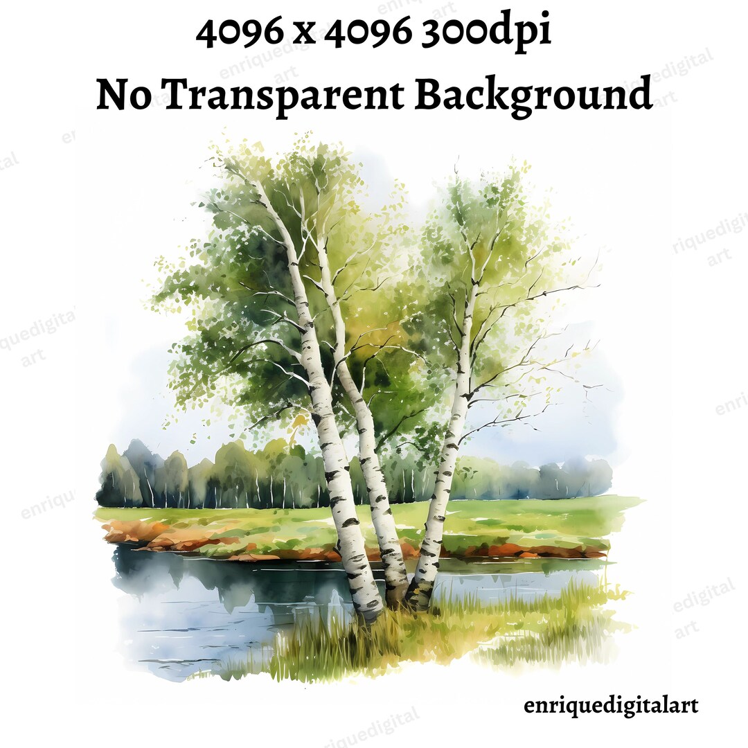 Watercolor Birch Trees Clipart, Lake Landscape, Card Making, Paper ...