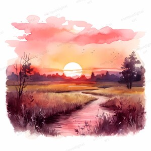Watercolor Sunrise Clipart, Sunrise Landscape, PNG, Card Making ...