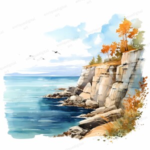 Watercolor Seascape Clipart, Cliff Clipart, Ocean Scenery, Sea ...