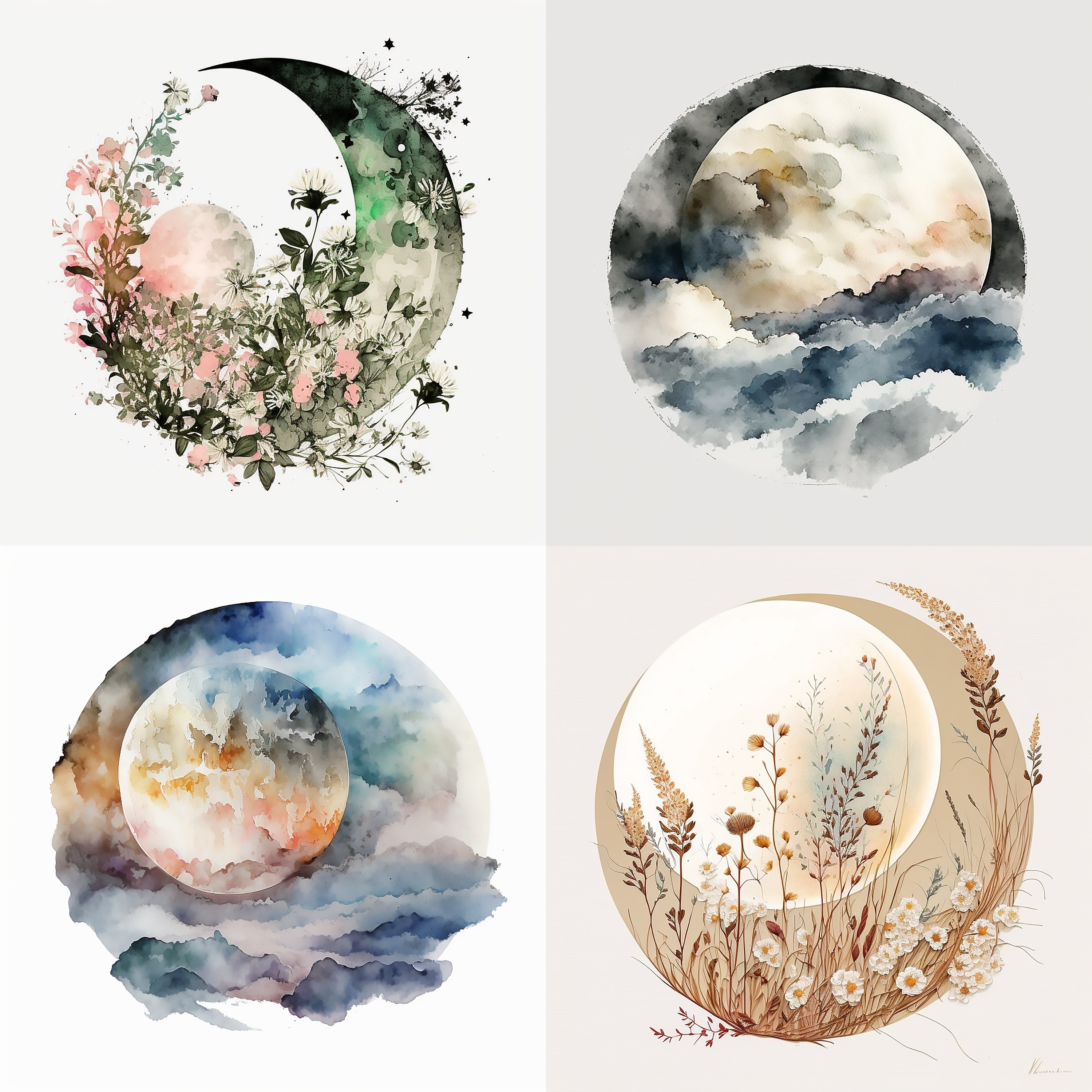 Watercolor Floral Moons Clipart Floral Crescent Full Moons - Etsy
