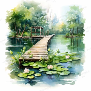 Watercolor Pond Dock Clipart, Nature Landscape Scenes, PNG Format ...