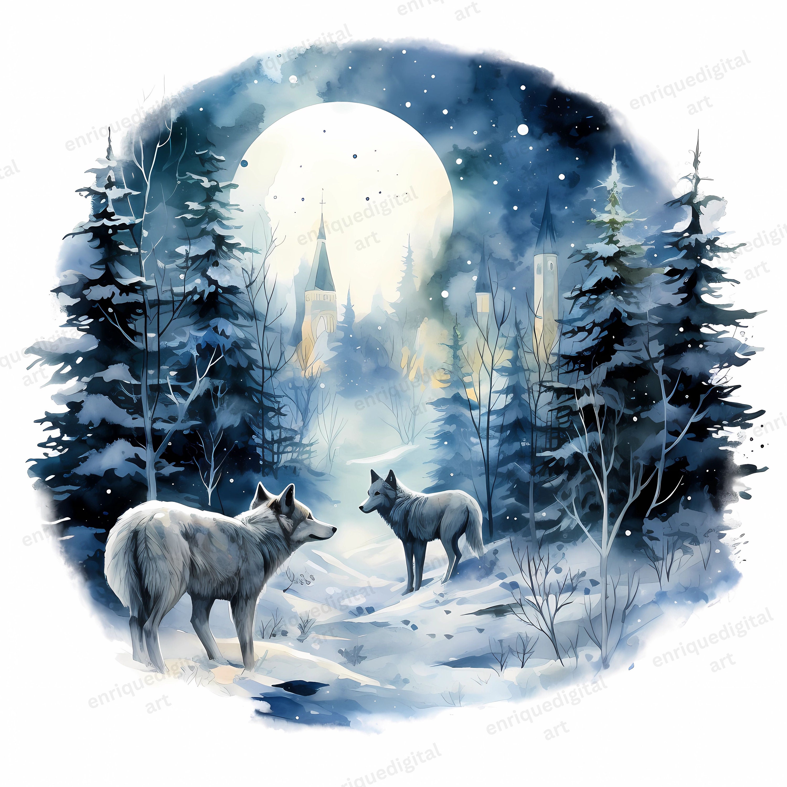 Watercolor Wolf Clipart, Forest Landscape, Nature Scene, Digital ...