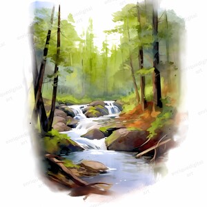 Watercolor Stream in Forest Clipart, Landscape Scenes, PNG Format ...
