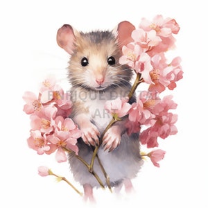 Cute Mouse With Pink Flowers, Mouse Clipart, Mouse Illustation, Mouse ...