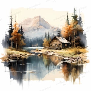 Watercolor Cabin in Woods Clipart, Landscape, Card Making, Paper ...