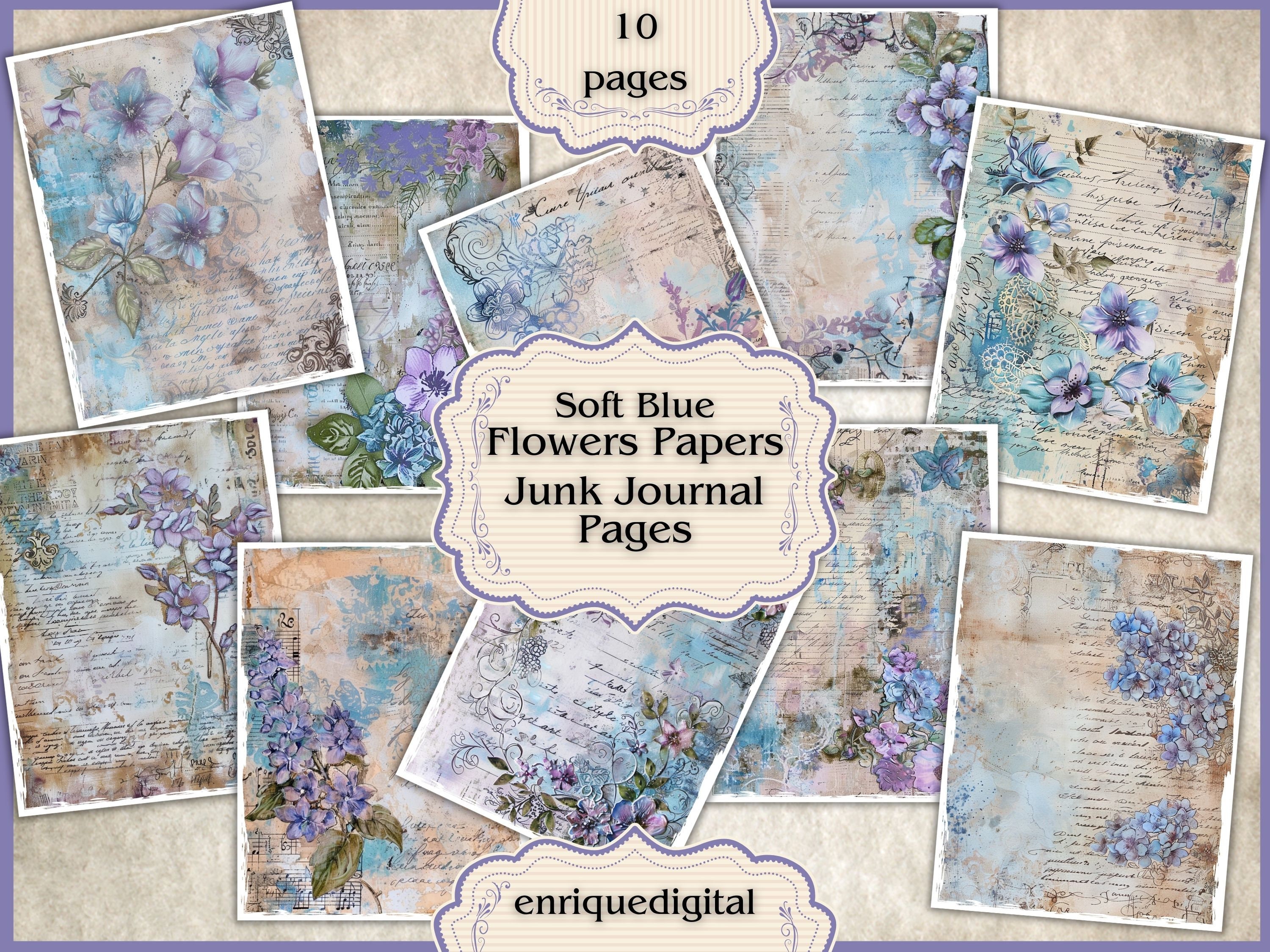 Blue Floral Junk Journal Papers, Paper Crafting, Digital Download, Junk ...