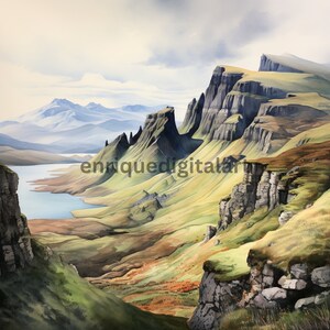 Watercolor Scottish Landscape Clipart, Green Vivid Colors, Printable ...