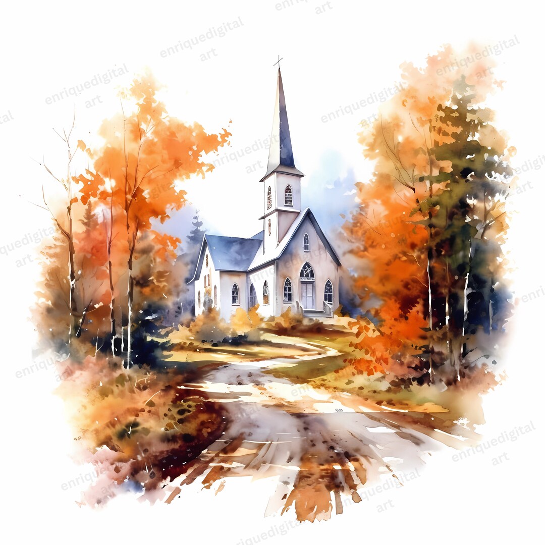 Watercolor Church Autumn Clipart, Landscape Art, Printable Wall Art ...