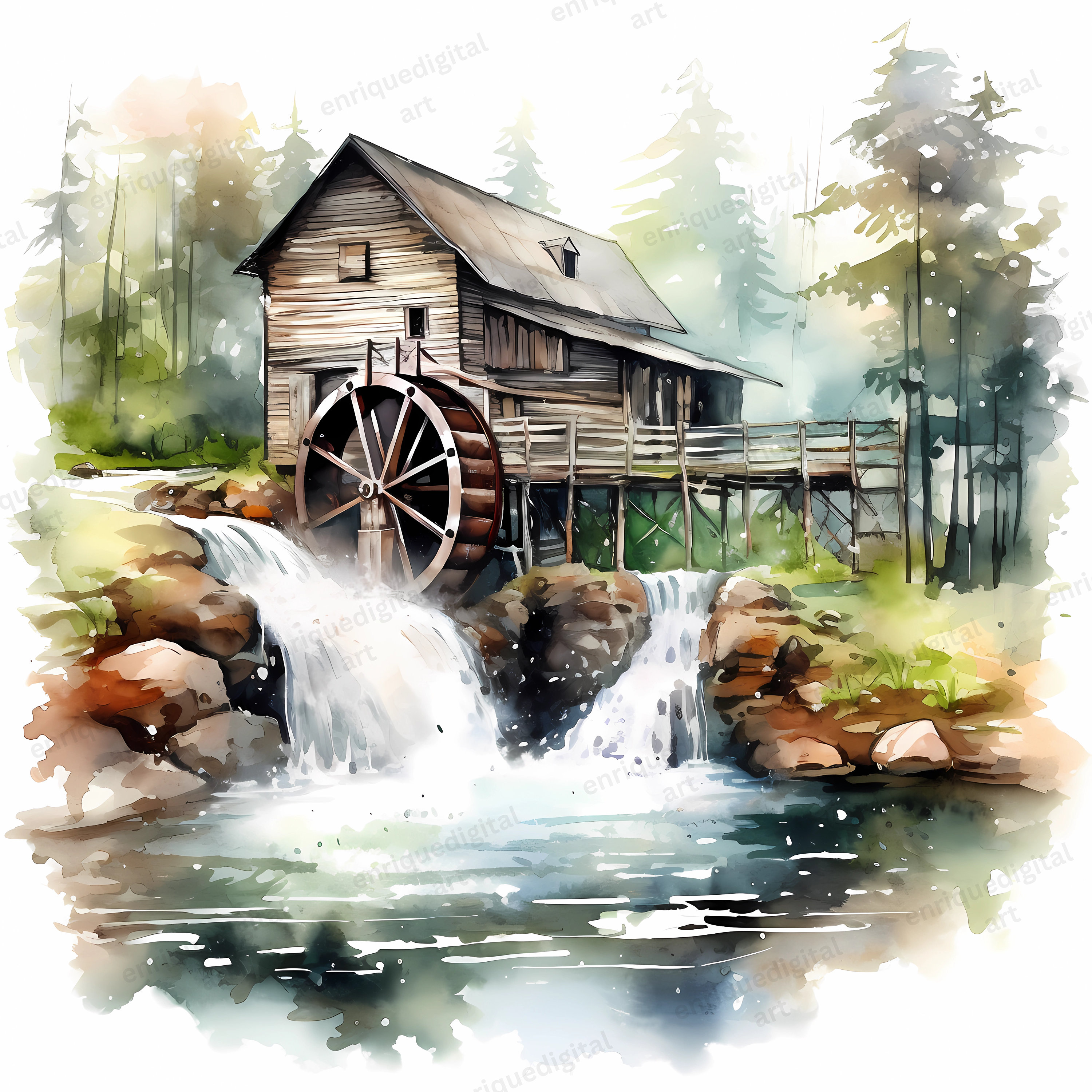 Watercolor Watermill Clipart, Watermill PNG, Watermill Printable Art ...