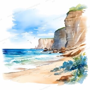 Watercolor Seascape Clipart, Cliff Clipart, Ocean Scenery, Sea ...