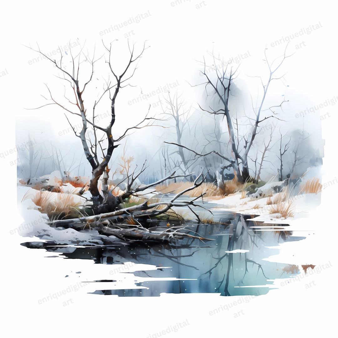 Watercolor Winter Lake Clipart, Winter Landscape , PNG Format, Digital ...