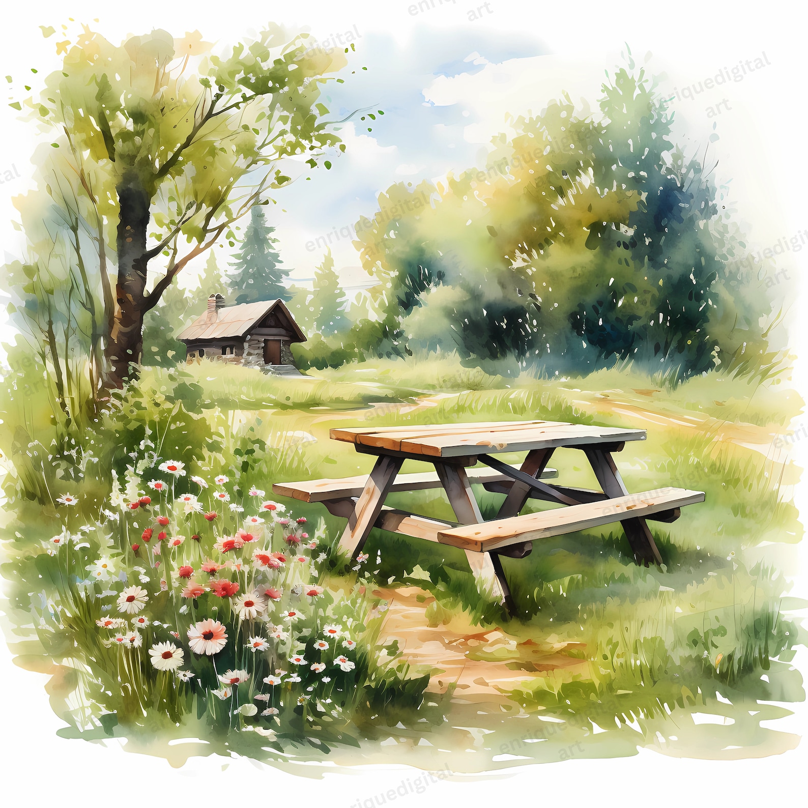 Watercolor Summer Picnic Clipart, Picnic Landscape, Digital Download ...