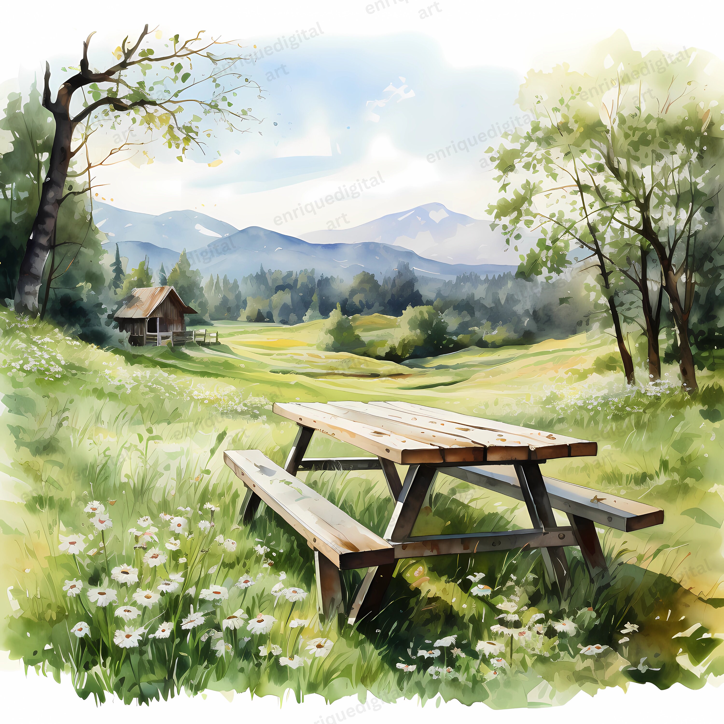 Watercolor Summer Picnic Clipart Picnic Landscape Digital - Etsy