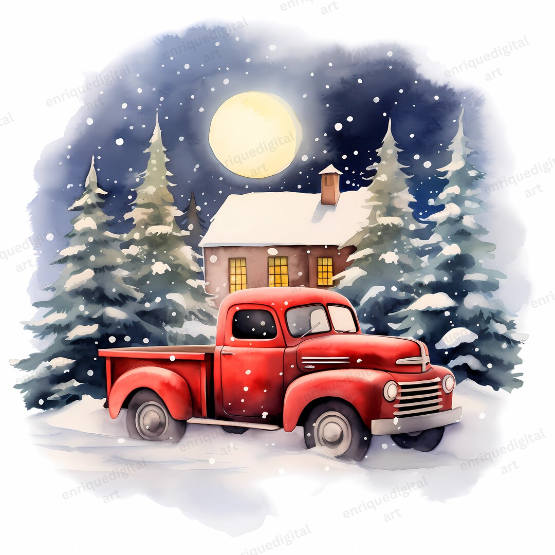Red Truck Clipart, Watercolor Painting, Digital Download, Countryside ...