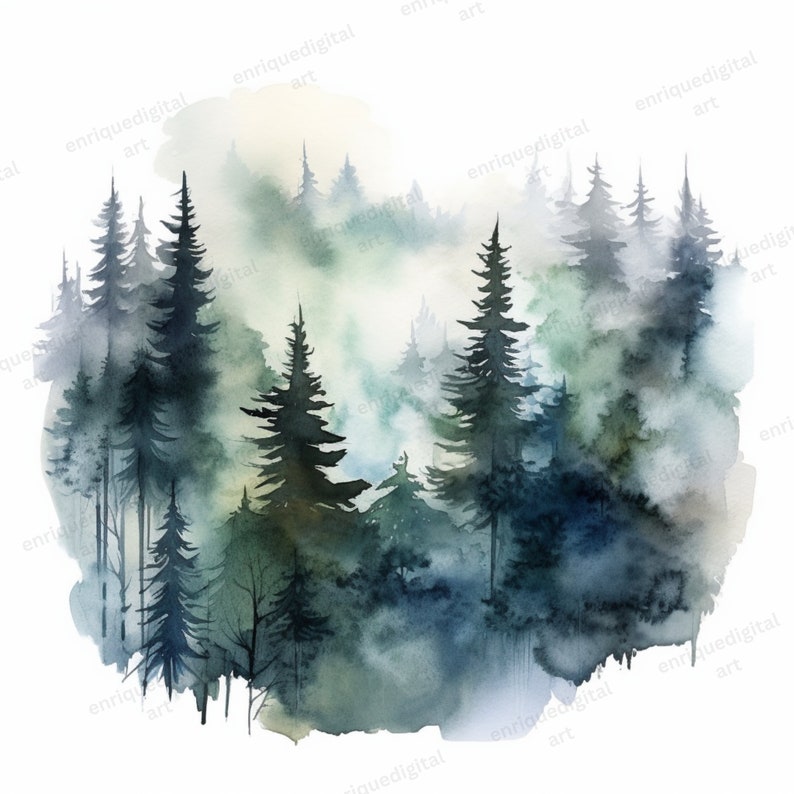 Watercolor Misty Forest Clipart Landscape Art Printable Wall - Etsy