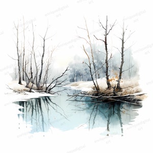 Watercolor Winter Lake Clipart, Winter Landscape , PNG Format, Digital ...