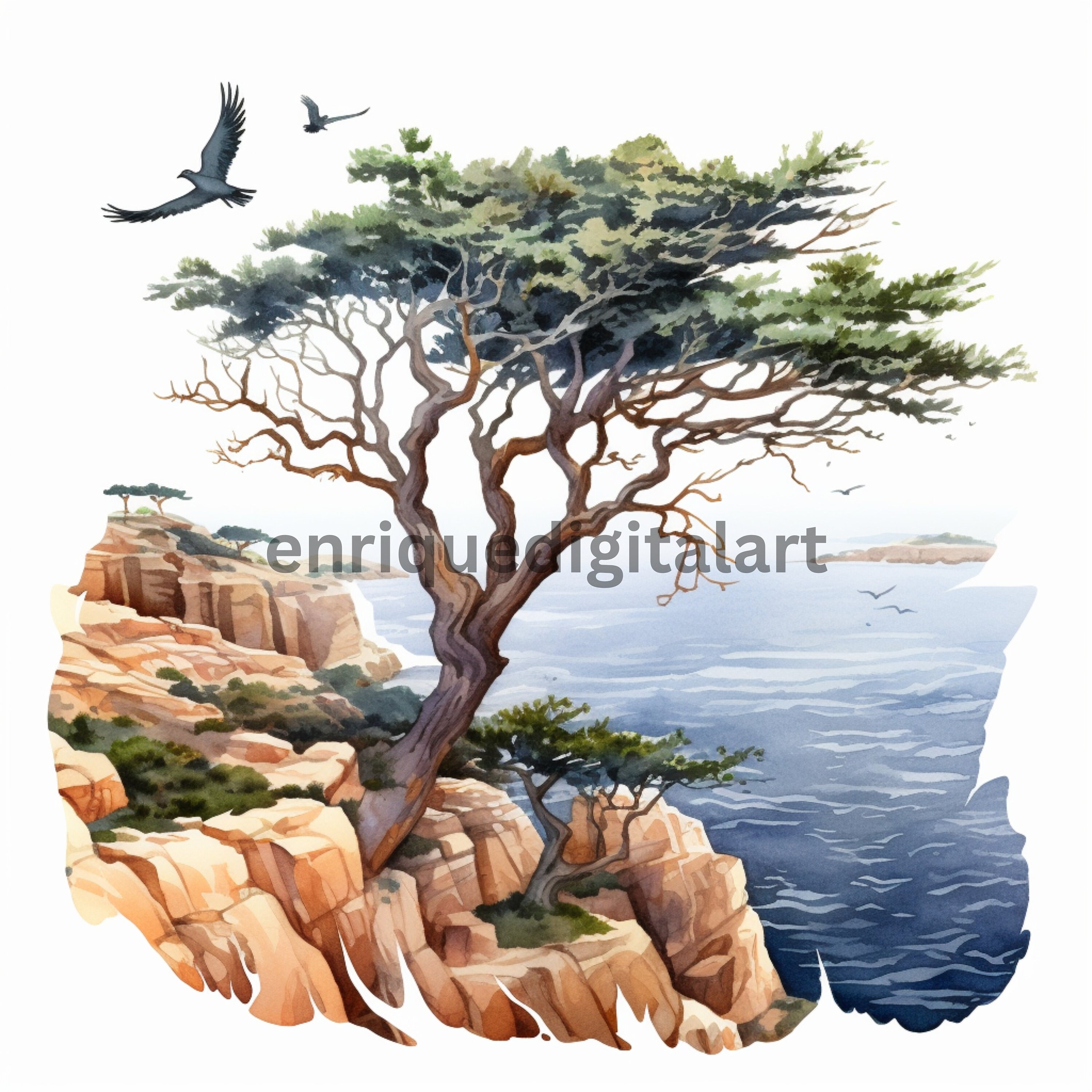 Watercolor Rocky Cliff Clipart, Watercolor Oceanscape, Printable Images ...