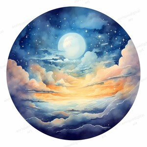 Watercolor Moon Clipart, Sky Landscape, Card Making, Digital Download ...