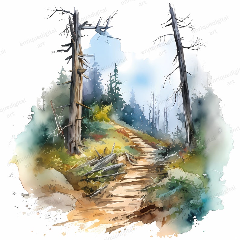 Watercolor Mountain Forest Path Clipart Watercolor Landscape - Etsy