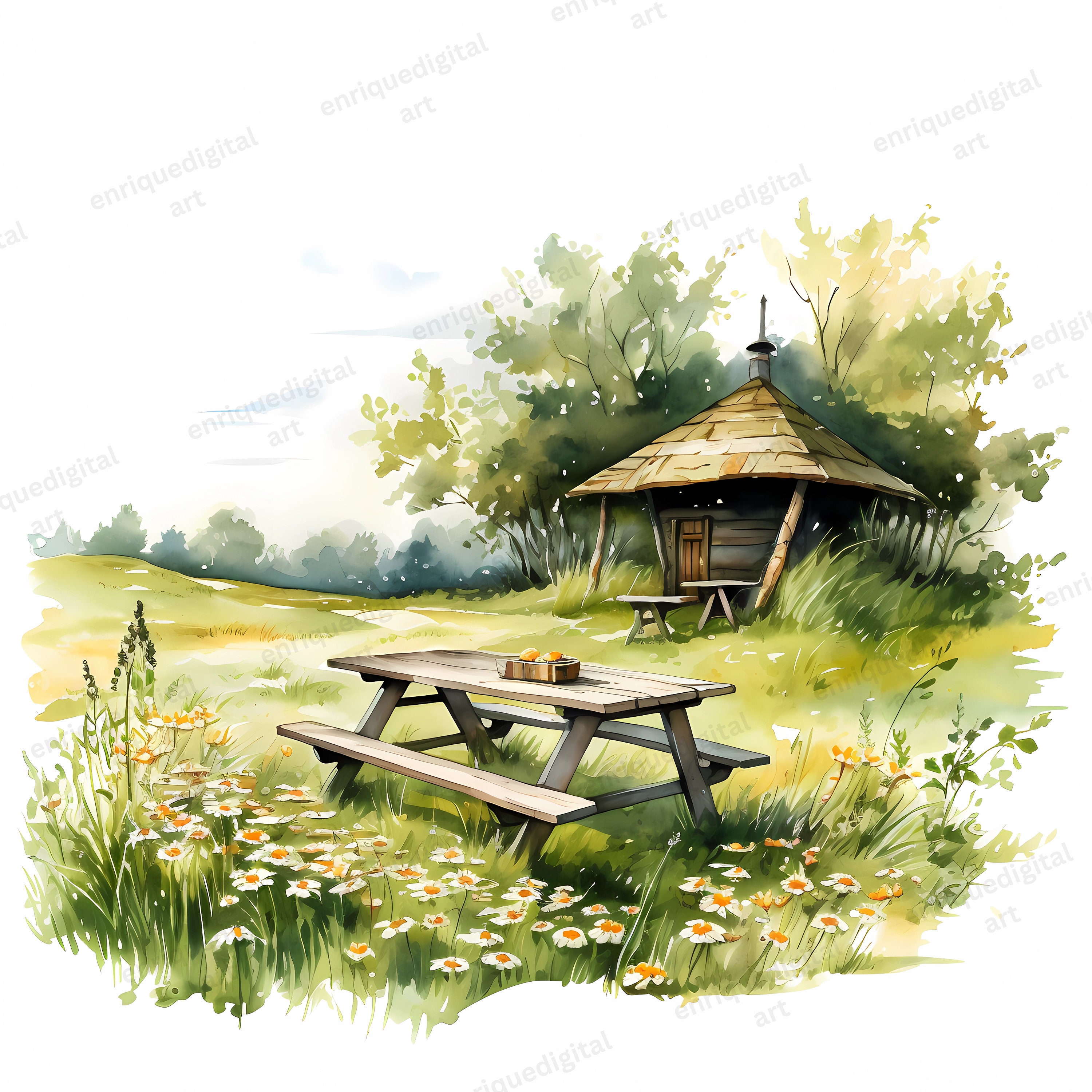 Watercolor Summer Picnic Clipart Picnic Landscape Digital - Etsy