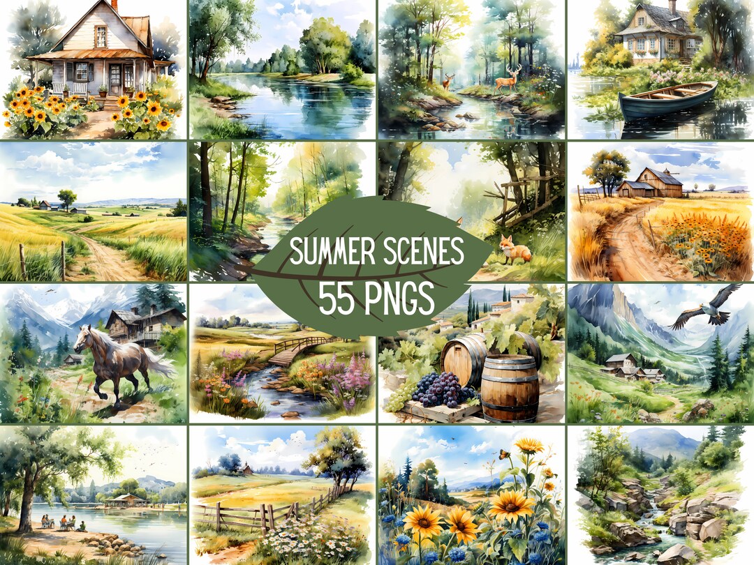Watercolor Summer Landscape Clipart, Summer Nature Scene, Clipart ...