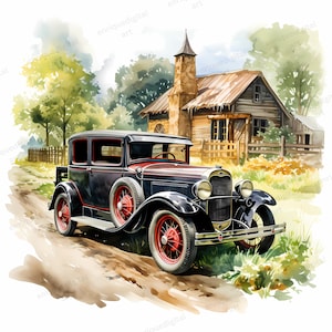 Watercolor Rustic Car Clipart, Countryside Landscape, Nature Scene ...