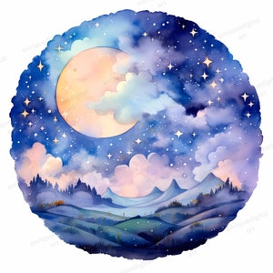Watercolor Moon Clipart, Sky Landscape, Card Making, Digital Download ...