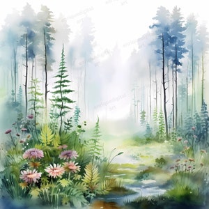 Watercolor Forest Clipart, Forest Landscape, Card Making, Digital ...