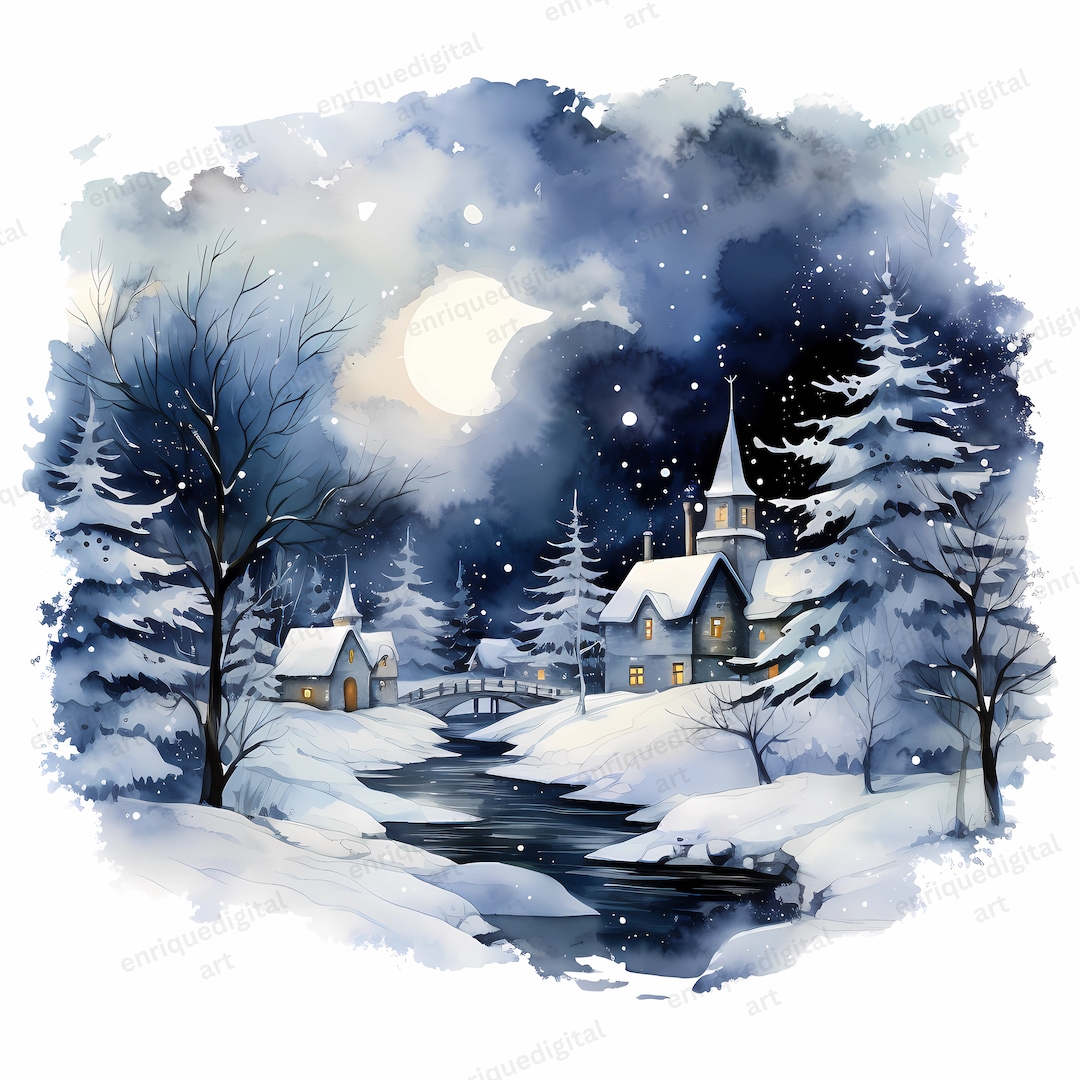 Watercolor Winter Village Clipart, Printable Snowy Village, Winter ...