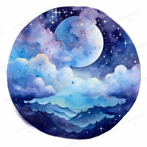 Watercolor Moon Clipart, Sky Landscape, Card Making, Digital Download ...